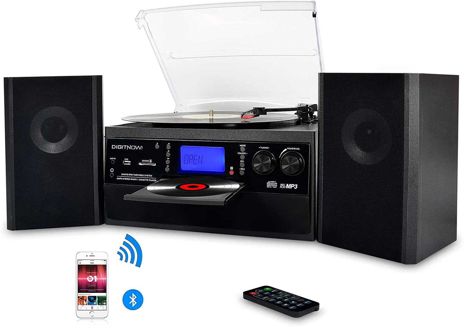 DIGITNOW Bluetooth Record Player Turntable with Stereo Speaker, LP Vinyl to MP3 Converter with CD, Cassette, Radio, Aux in and USB / SD Encoding, Remote Control, Audio Music Player Built in Amplifier