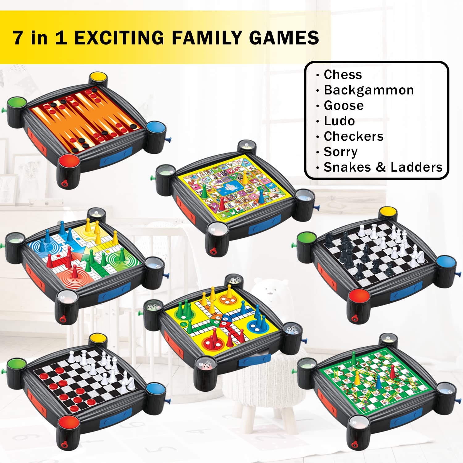 Board Game Set | 7 in 1 Classic Game Set | Tabletop Board Games, Chess and Checkers Game Set, Ludo, Snakes and Ladders, Goose, Sorry