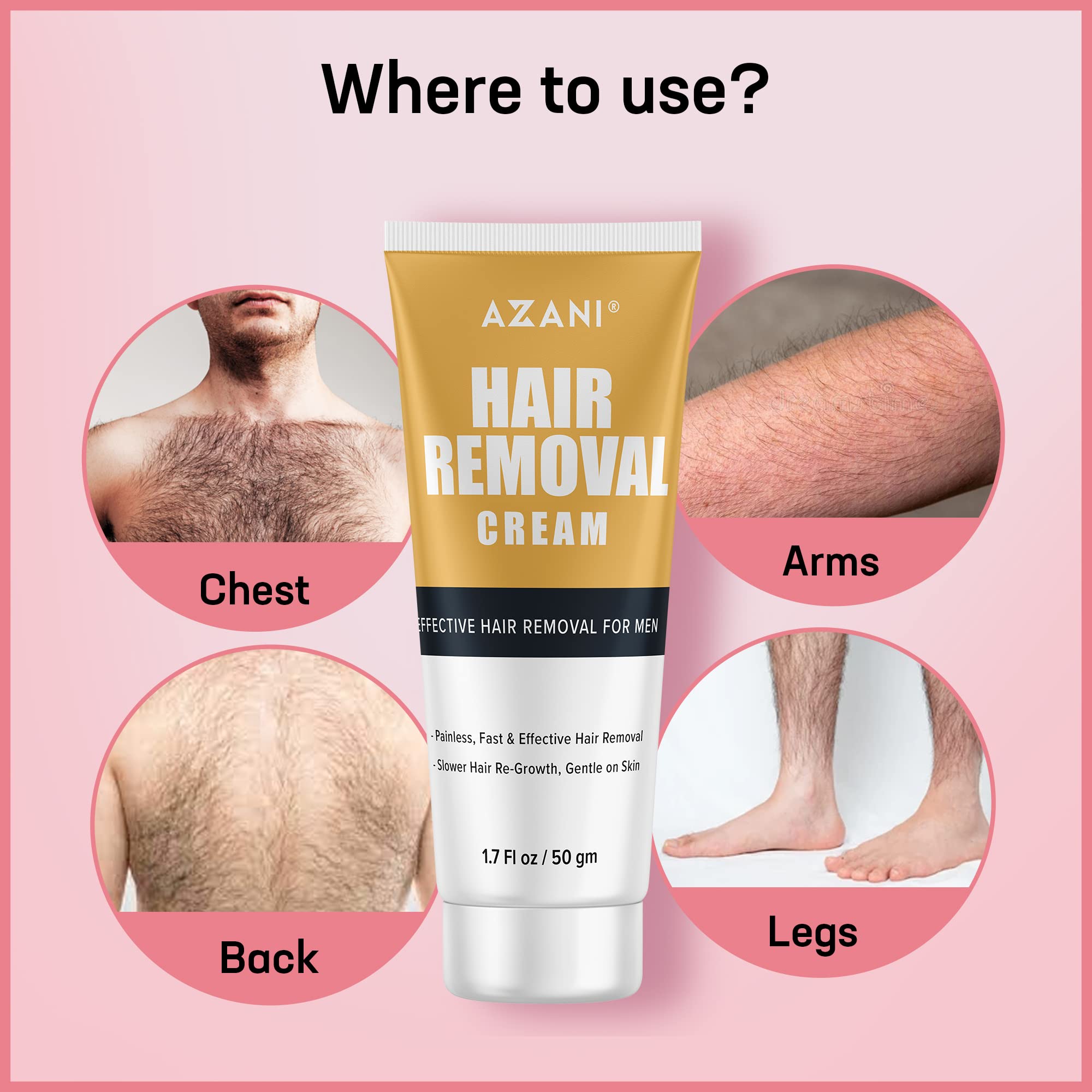 Azani Men's Hair Removal Cream|For Back, Chest, Underarms, Legs & Intimate Area | Counters Skin Darkening & Irritation| 1.76 Oz