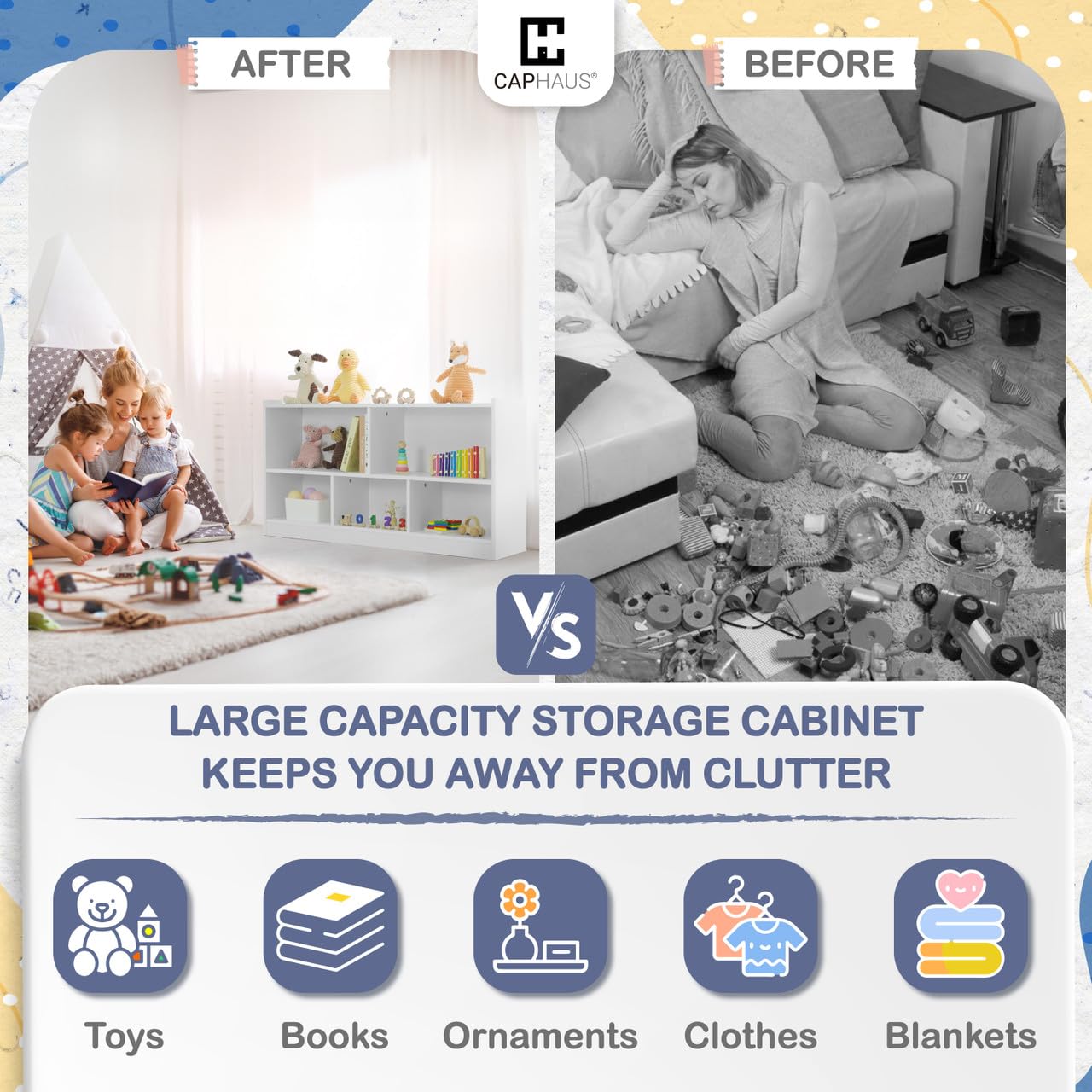 CAPHAUS 5 Cube Open Bookcase, Freestanding Bookshelf Organizer w/Storage, Horizontal Storage Shelves, Bookcase w/Open Compartments, Modern Display Shelf for Living Room, Bedroom, Home Office, White