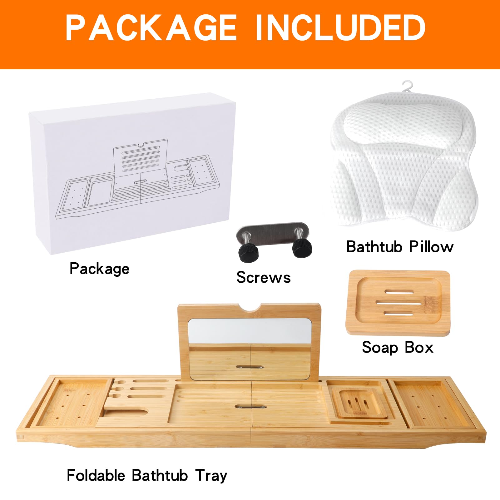 Bathtub Tray Table with Mirror and Bath Pillow, Expandable and Foldable Bamboo Bath Tray for Tub Soft and 4D Mesh Bathtub Pillow Luxury Bath Accessories Spa Gifts