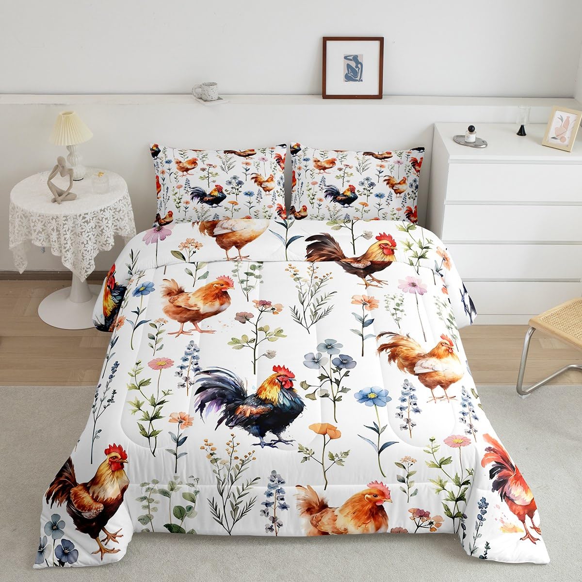 Chicken Twin Size Bedding Set Boys Girls Cute Rooster Hen Comforter Set for Kids Ultra Soft Farmhouse Animals Comforter Floral Duvet Set Room Decor Quilt Set