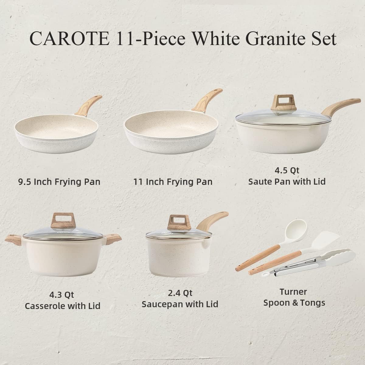 CAROTE Nonstick Pots and Pans Set, Induction Kitchen Cookware Set, 11 Pcs Cooking Pans Set w/White Granite (PFOS, PFOA Free)