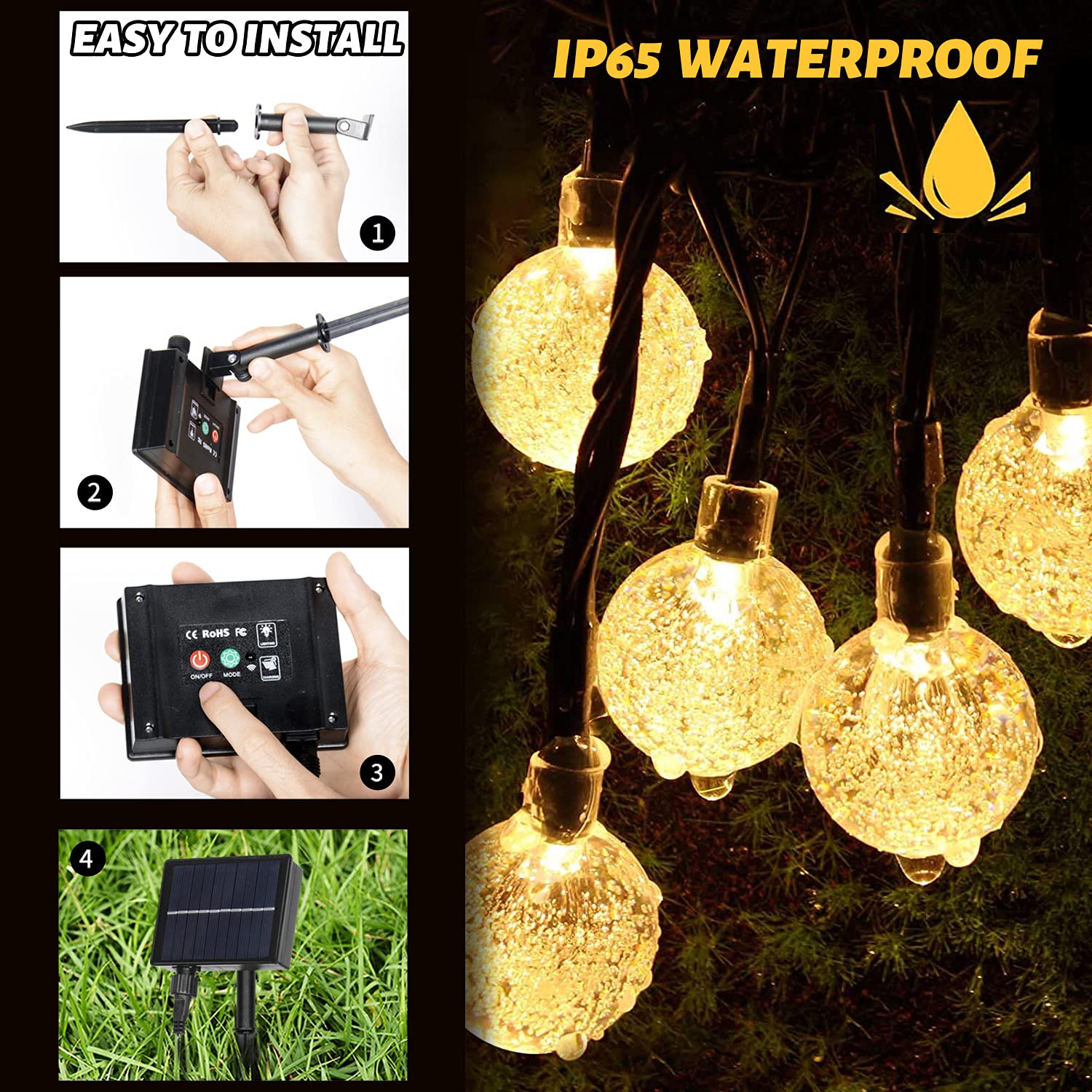 DING.PAI Solar Outdoor String Lights, Waterproof Solar Lights Outdoor with 80 LED Crystal Lamp Beads 8 Switching Modes for Garden Yard Porch Wedding Party Decor (Warm Yellow, 40FT)