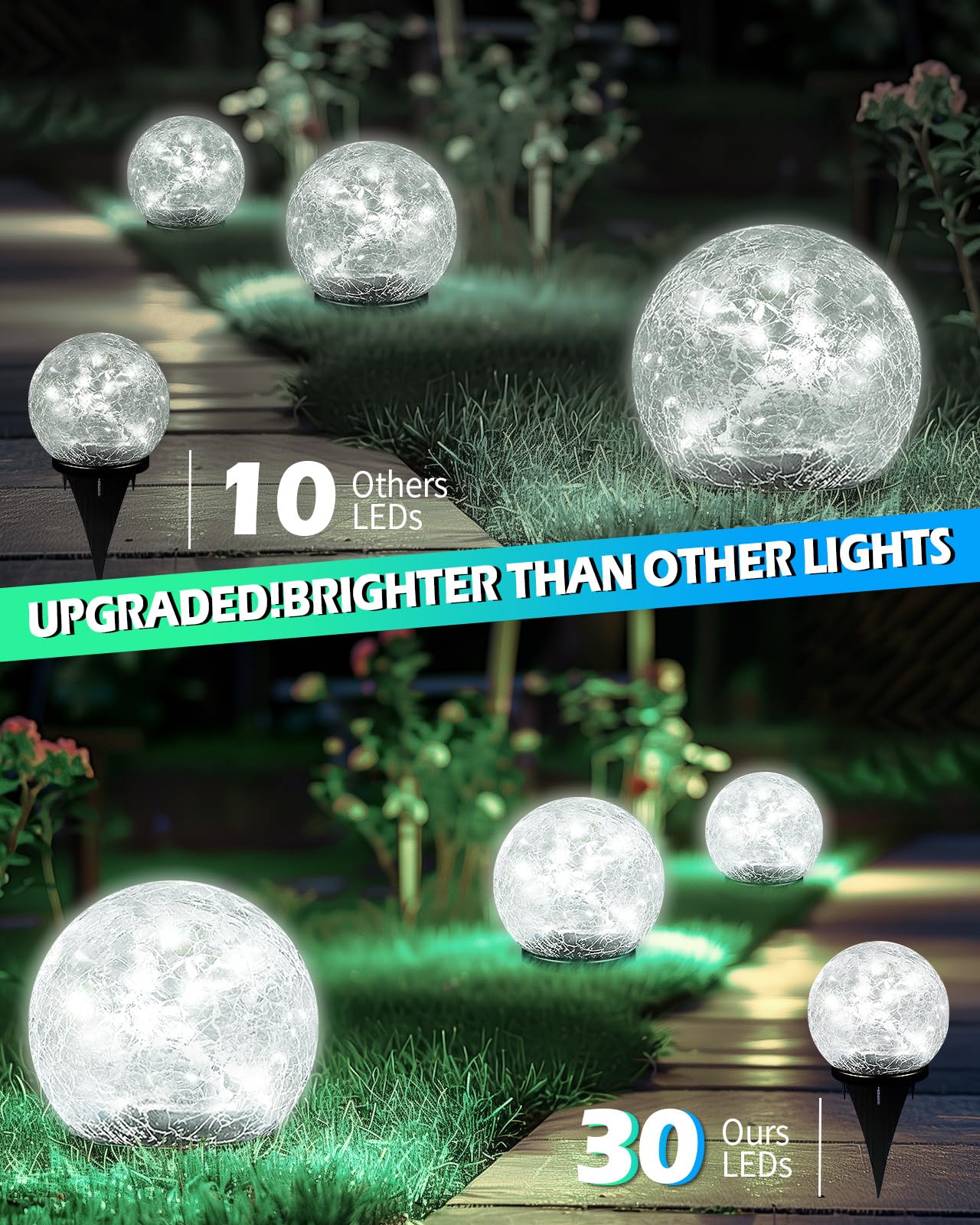Garden Solar Ball Lights Outdoor Waterproof, 50 LED Cracked Glass Globe Solar Power Ground Lights for Path Yard Patio Lawn, Outdoor Decoration Landscape White (2 Pack 4.7'')