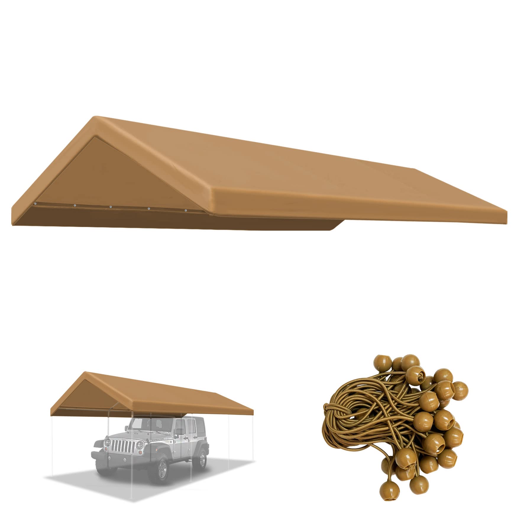 BenefitUSA 12'x20' Upgraded Carport Canopy Tent Garage Replacement Car Shelter Cover with Bungees,Frame is not Included (Tan)