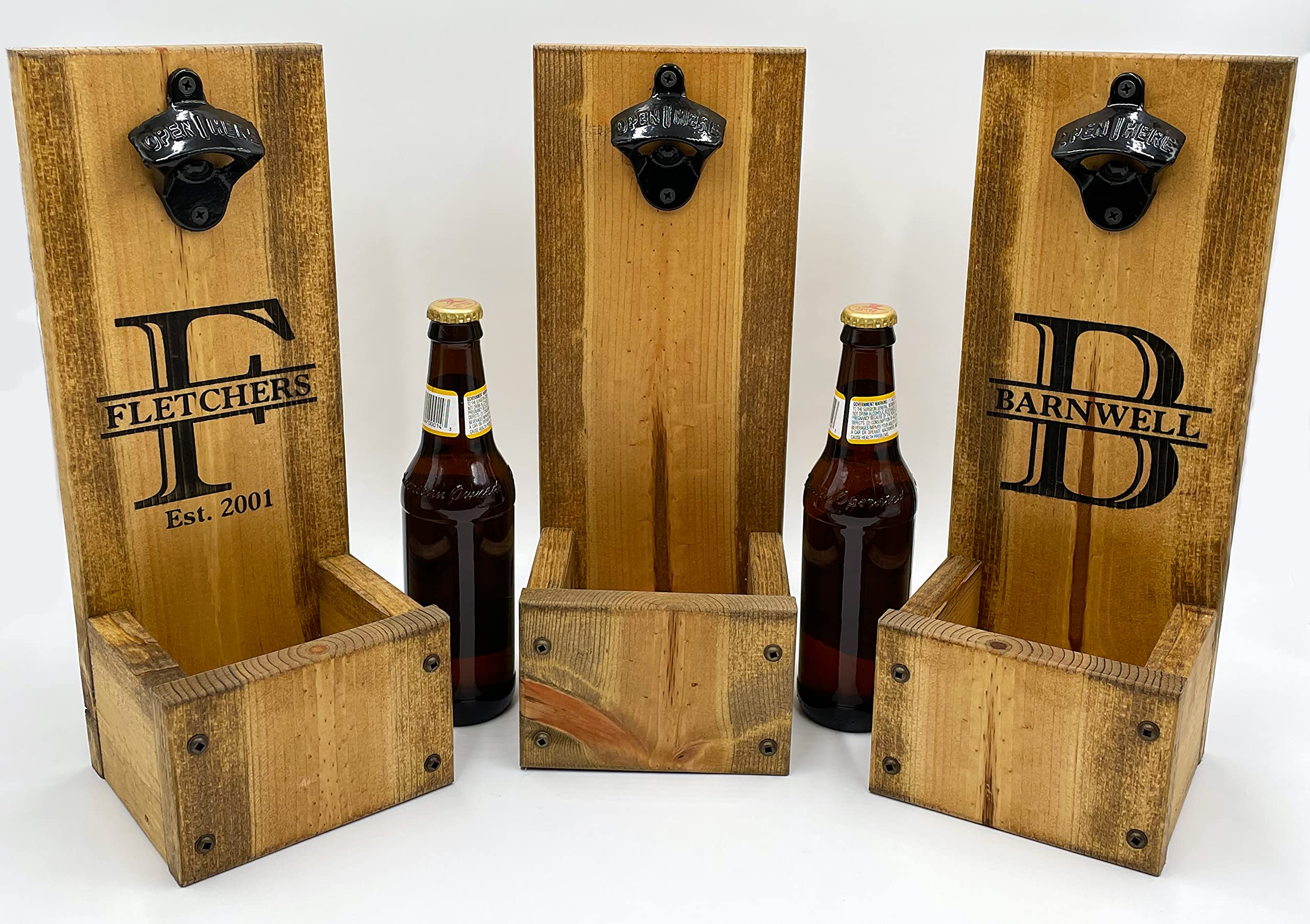 Bottle Opener with Dropbox Cap Catcher - Wall Mount or Freestanding - Laser Engraved - Personalized Christmas Gift idea for men Rustic Wood Groomsmen Gift Sets, Wedding and Anniversary Presents