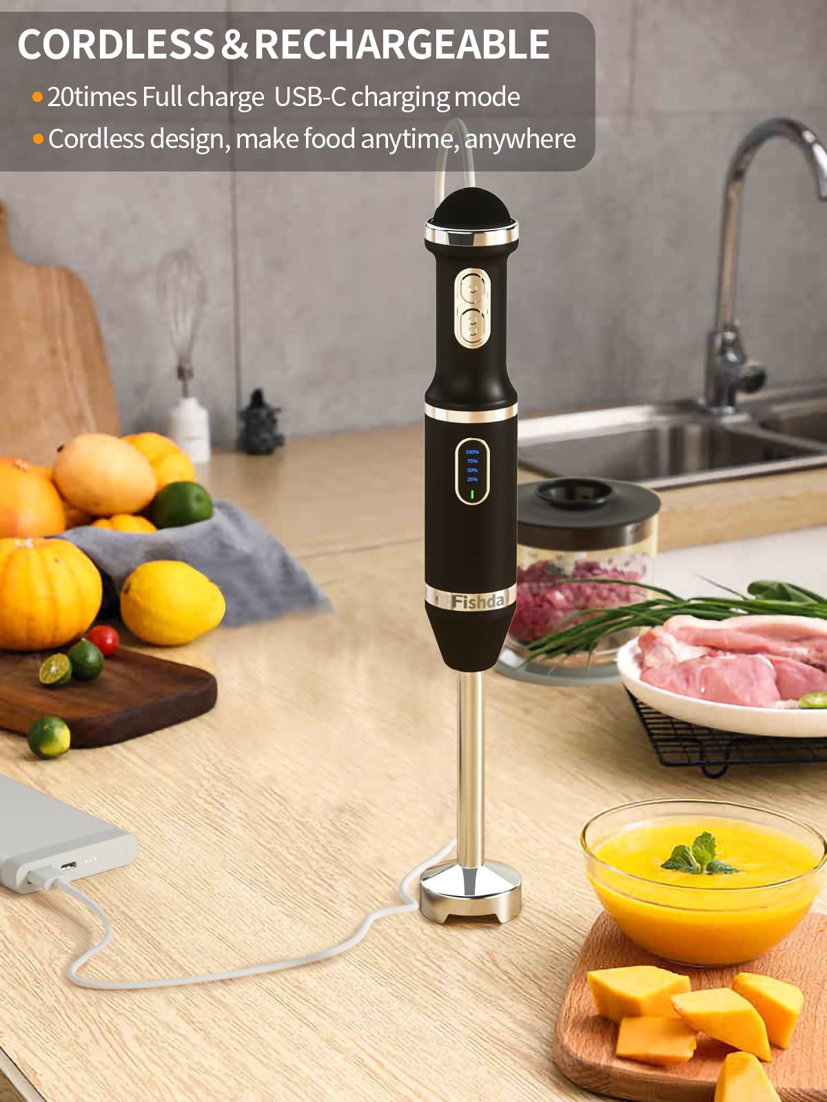 Cordless Hand Blender,Immersion Multi-Functional Hand Blender,4-In-1 Variable Speed Rechargeable,with Beaker,Food Chopper,Egg Whisk,for Baby Food, Smoothies, Sauces-Black
