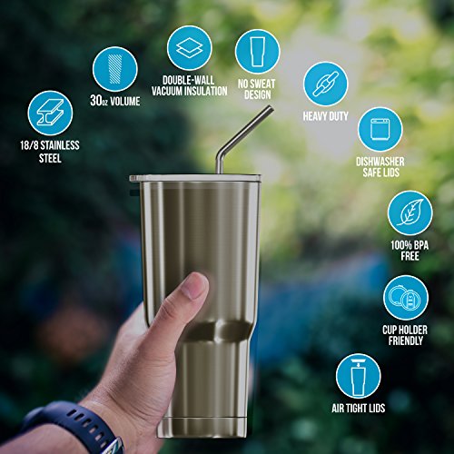 BluePeak Double Wall Vacuum Stainless Steel Insulated Tumblers Set, 2-Pack - Includes 2 Sipping Lids, 2 Spill-Proof Sliding Lids, 2 Straws, 1 Cleaning Brush & Gift Box (30 oz, Silver)