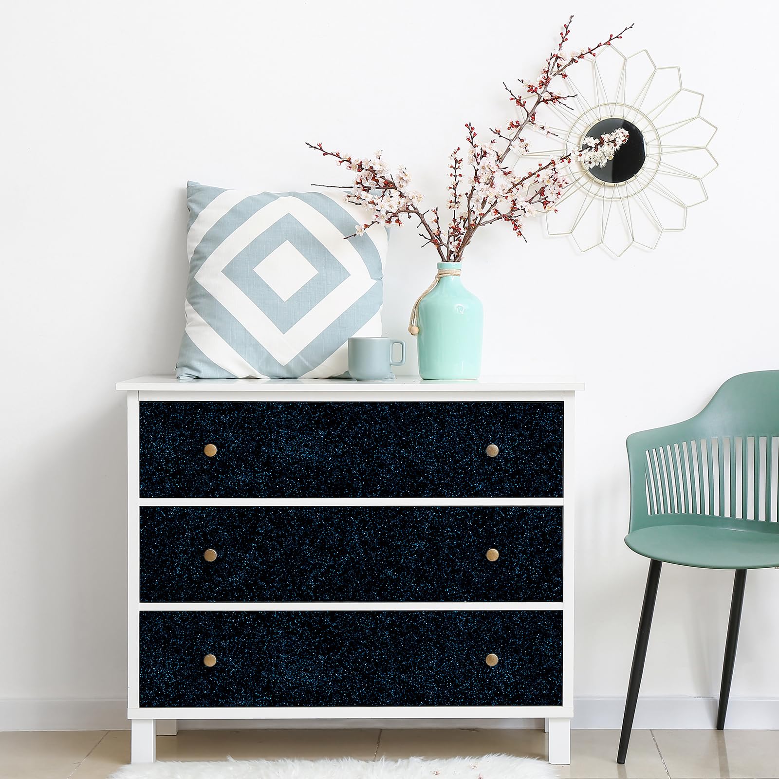 CHIHUT Black Blue Glitter Wallpaper Peel and Stick 15.7''x100'' Sparkle Glitter Contact Paper for Walls Self Adhesive Black Shiny Wallpaper Removable Fabric Wallpaper Decorative for Cabinets Crafts