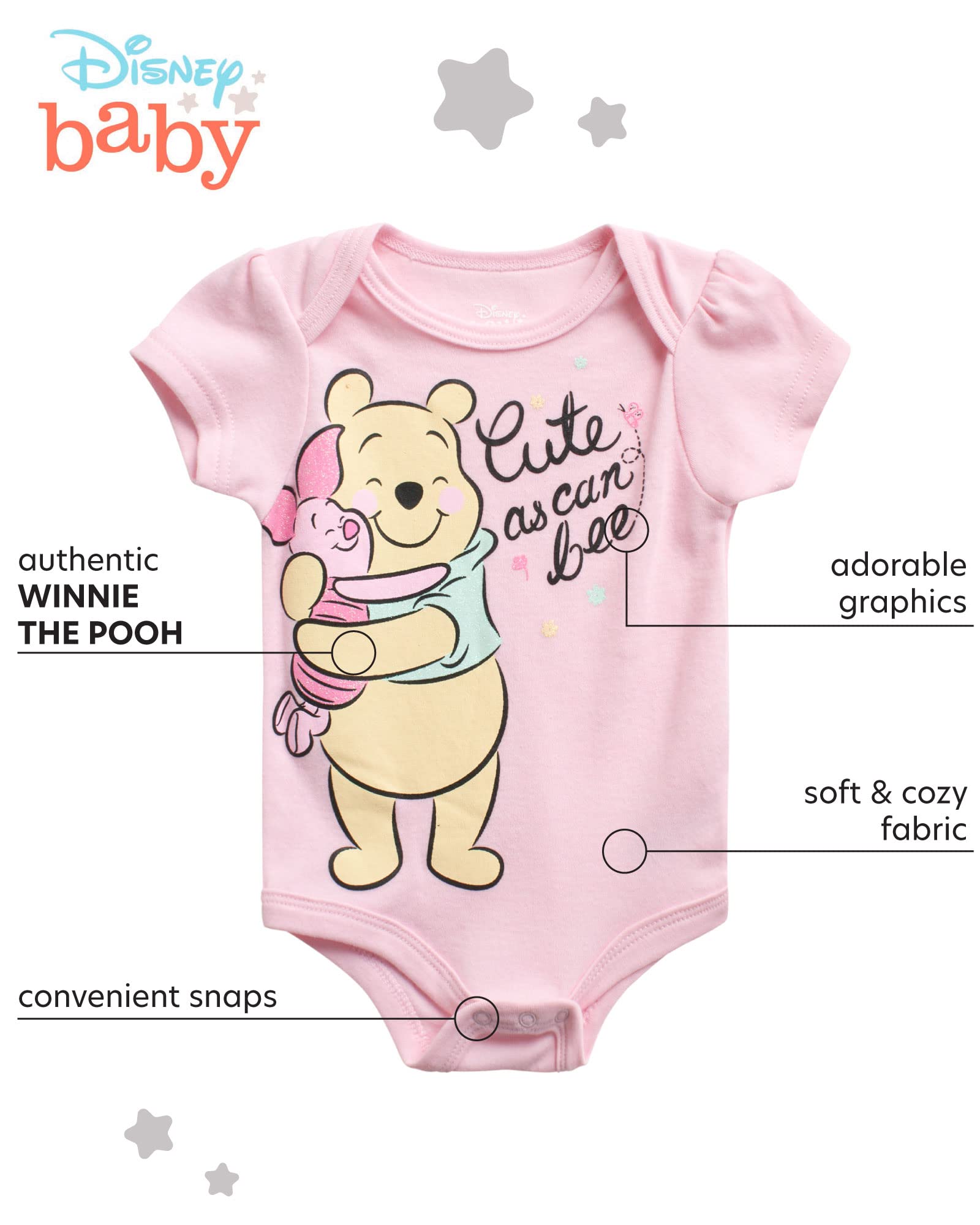 Disney Baby Girls? Minnie Mouse Bodysuit ? 3 Pack Romper: Easy Diaper Change, Size 0-3M, Pooh Bear Pink/Green