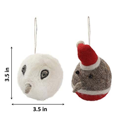De Kulture Handmade Premium Wool Felt Robin Bird and Owl Bauble Eco Friendly Needle Felted Christmas Xmas Tree Decoration Stuffed Ornament for Home Office Party Holiday Décor, (Set of 2)