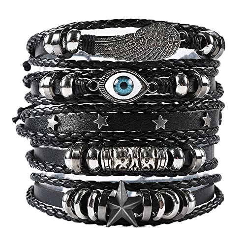 BUSSLANDY Braided Leather Bracelets for Men Women Cuff Wrap Bracelet Stackable bracelet Evil Eye Stars Wings Retro Set Wood Ethnic Tribal Bracelets Adjustable