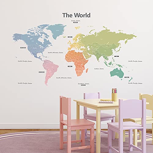 DECOWALL DLT-1809 Modern Pastel Tones World Map Kids Wall Stickers Wall Decals Peel and Stick Removable Wall Stickers for Kids Nursery Bedroom Living Room (XLarge) d?cor