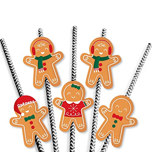 Big Dot of Happiness Gingerbread Christmas - Paper Straw Decor - Gingerbread Man Holiday Party Striped Decorative Straws - Set of 24