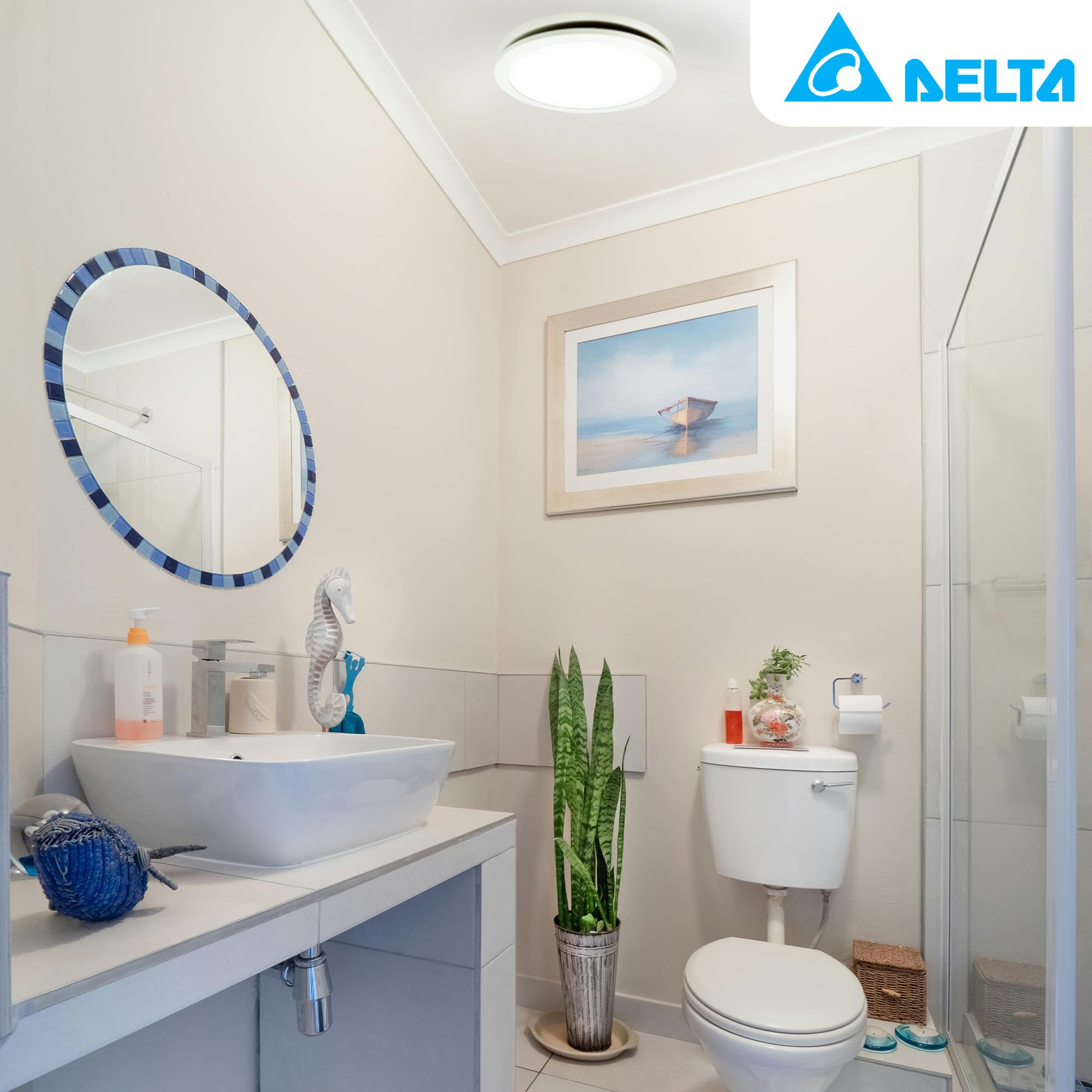 Delta Breez Integrity 100 CFM Exhaust Bath Fan, LED Edge-Lit Flat Round Panel Light, Energy Efficient Quiet Operation Ceiling Mount Motor, White