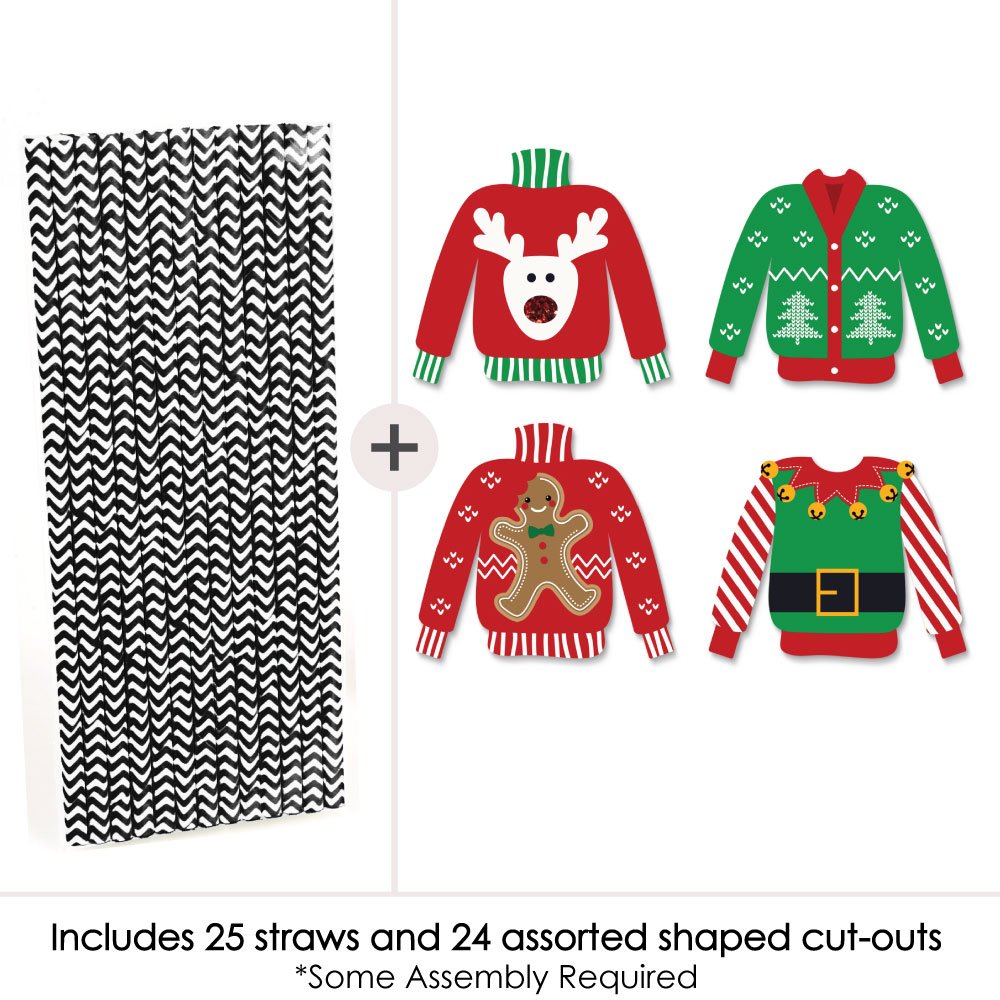 Big Dot of Happiness Ugly Sweater Paper Straw Decor - Holiday and Christmas Party Striped Decorative Straws - Set of 24