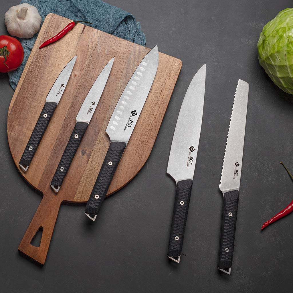 BGT Kitchen Knife Set, 5pcs Professional Chef Knife Set with Bag, Stonewashed Swedish Sandvik 12C27 Steel Kitchen Knife Set with G10 Handle