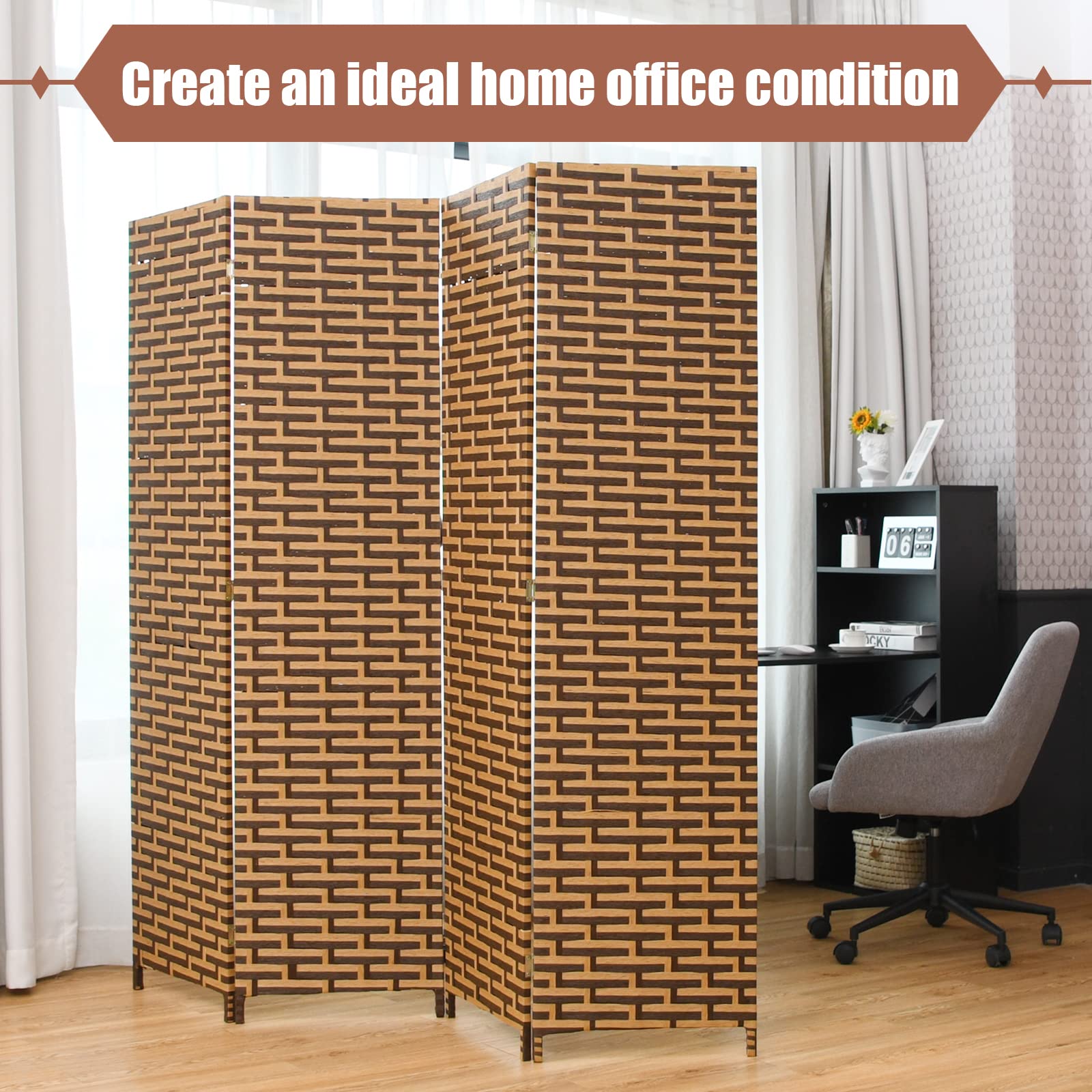 Giantex Room Divider, 6 Ft 4 Panel Handmade Rattan Room Divider, Wood Folding Screen Room Separating Divider, Freestanding Small Boho Room Dividers