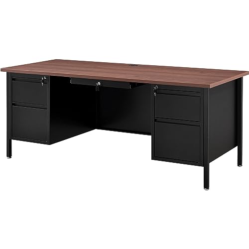 Global Industrial 72"W x 30"D Steel Teachers Desk, Mahogany Top with Black Frame