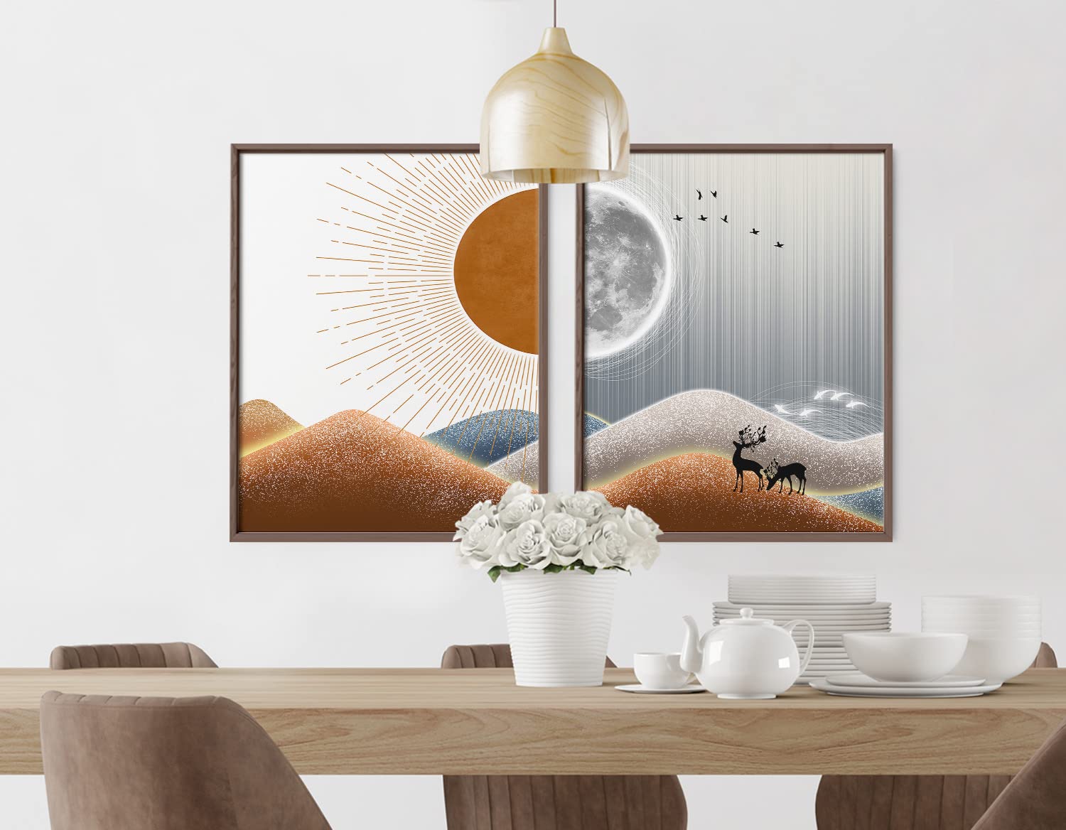 Boho Wall Art - Sun and Moon Art - Boho Bedroom Art - Sunshine Decor - Mid Century Modern Wall Decor - Bathroom, Living Room, Office, Classrooms, Home Wall Decor, Set of 2 Prints, 11x14" Unframed