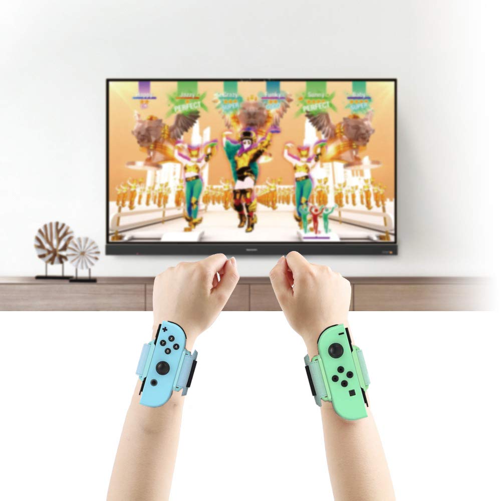 FANPL Upgrade Wrist Bands Compatible with Dance 2025/2024/2023/2022, Adjustable Elastic Strap for Switch & OLED JoyCon Controller, Fit for Adults & Children,2 Pack (for Animal Crossing Blue & Green)