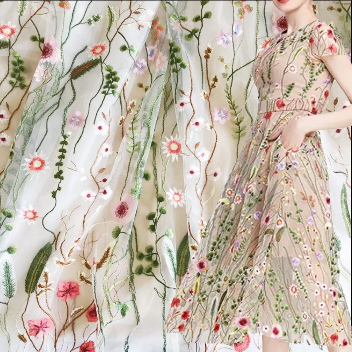 TUIUSTU Lace Fabric, Length 71.6" Width 59" 2Yard Colorful Floral White Lace Fabric by The Yard for Dresses, Flower Elegant Sewing Lace Fabric for DIY Dress Sewing Wedding