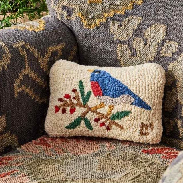 Chandler 4 Corners Artist-Designed Bluebird and Berries Hand-Hooked Wool Decorative Throw Pillow (8” x 12”) Wildlife Pillow for Couches & Beds-Easy Care, Low Maintenance Nature & Bird Pillow