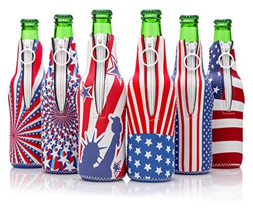 Beer Bottle sleeves - Set of 6 Zipper American Flag Theme Coolies - Extra Thick Neoprene - Fully stitched, Non-Glued Base - Bonus Bottle Opener - Trendy & Awesome Gift or Hosting Item #6USF