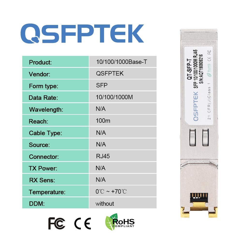 QSFPTEK 1.25G SFP-T Gigabit SFP Copper Ethernet Module, SFP to RJ45, 10/100/1000BASE-T Mini gbic Transceiver for Cisco GLC-T/SFP-GE-T/GLC-TA, Mikrotik SRJ01, Netgear, Supermicro, up to 100m