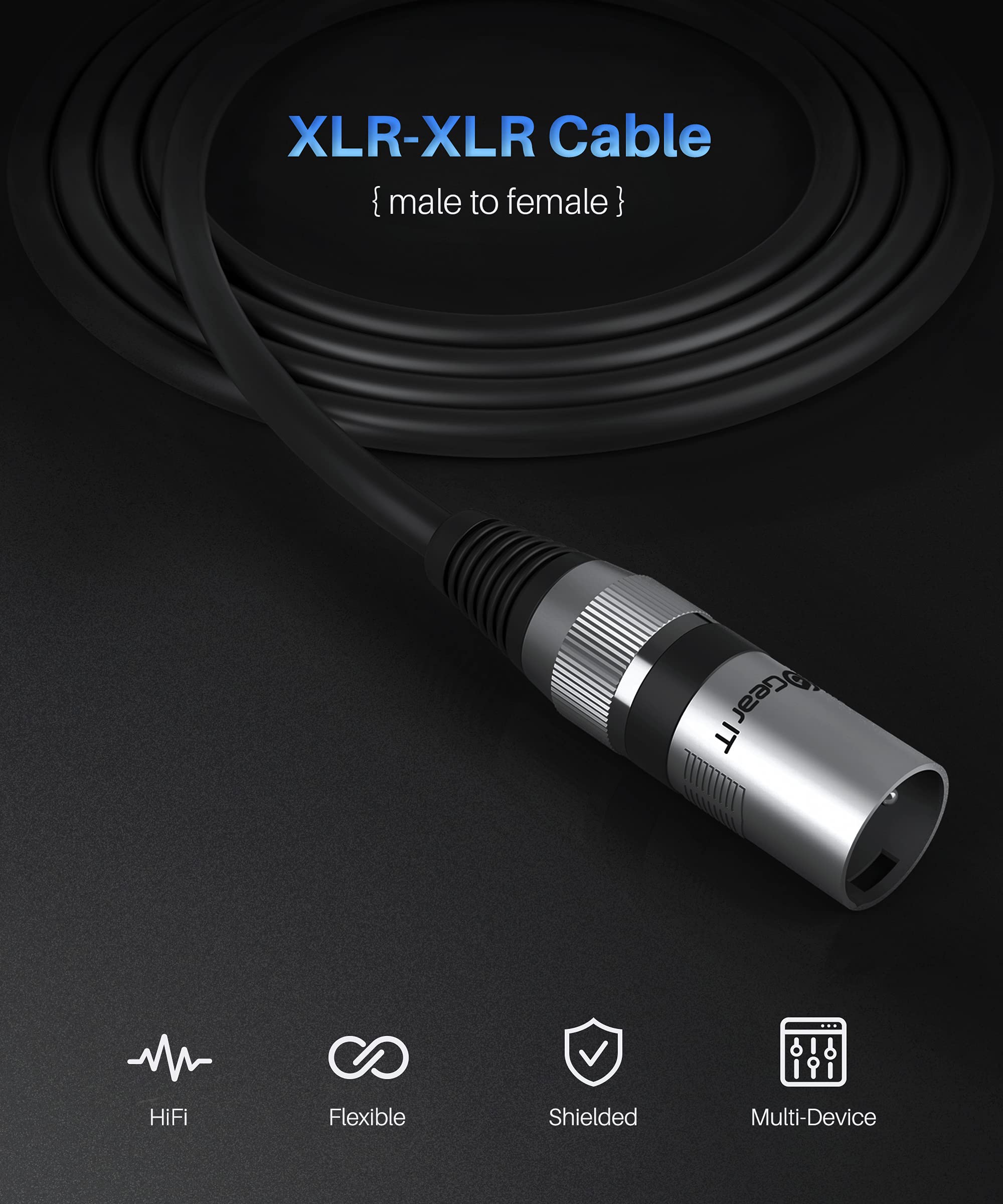 GearIT XLR to XLR Microphone Cable (1 Feet, 2 Pack) XLR Male to Female Mic Cable 3-Pin Balanced Shielded XLR Cable for Mic Mixer, Recording Studio, Podcast - Black, 1Ft, 2 Pack