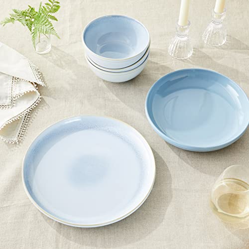 Corelle Stoneware 12-Pc Dinnerware Set, Handcrafted Artisanal Double Bead Plates and Bowls, Solid and Reactive Glazes, Dining Plate Set, Nordic Blue