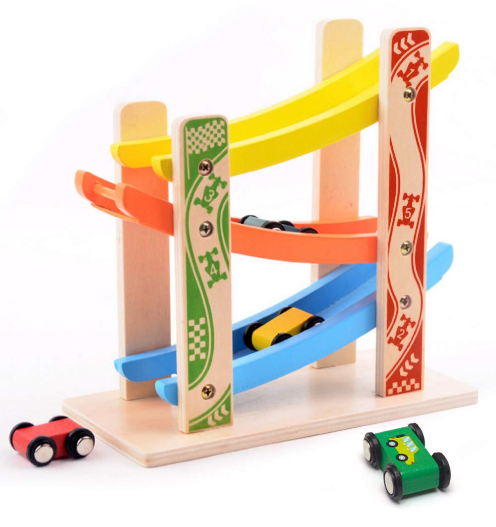 GeekHouse Wooden Race Track Car with 4 Mini Cars, Ramp Racer Toy for Toddlers, Preschool Educational Gifts for 3+ Year Old Kids, Boys, and Girls