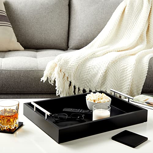 Black Serving Tray for Coffee Table, 16x12 with Coasters, Decorative Interchangeable Gold andSilver Handles