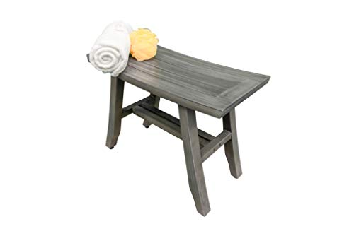 CoastalVogue Teak Wood Satori Shower Bench Teak Shower Stool with Curved Seat 24" Long Wooden Seat Shower Bench in Antique Gray Finish