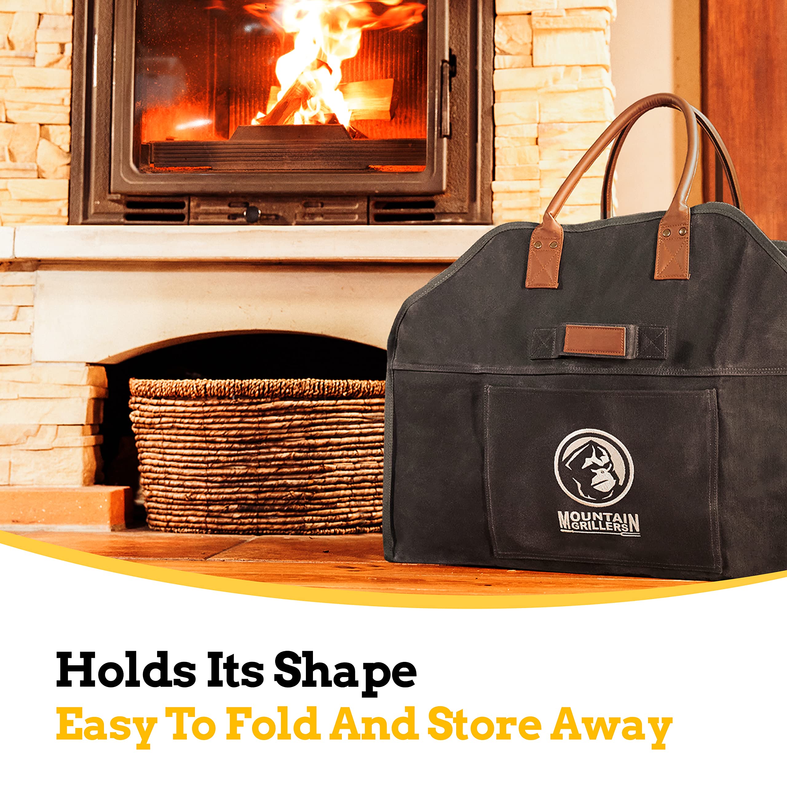 MOUNTAIN GRILLERS Heavy Duty Canvas Firewood Carrier - Features Reinforced Handles For Carrying Wood & Logs - Must Have Bag For Any BBQ Enthusiasts & Pit Masters