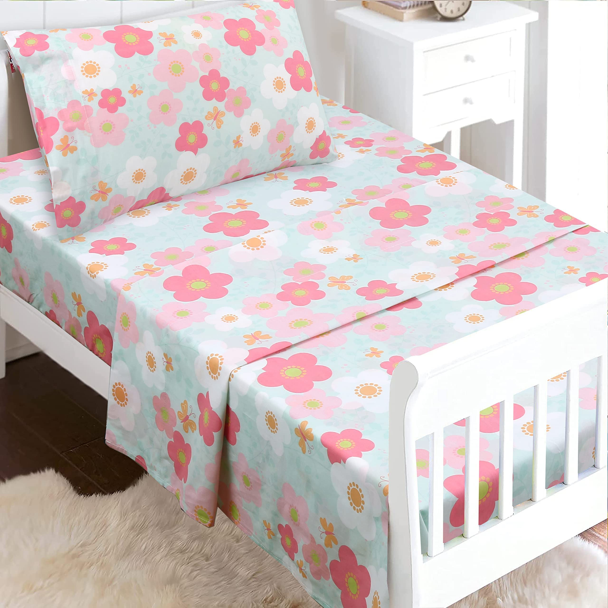 Danica 3-Piece 100% Cotton Toddler Sheet Set for Boys & Girls, Includes Top Sheet, Fitted Sheet, Standard Pillow Case (Pink Flower)