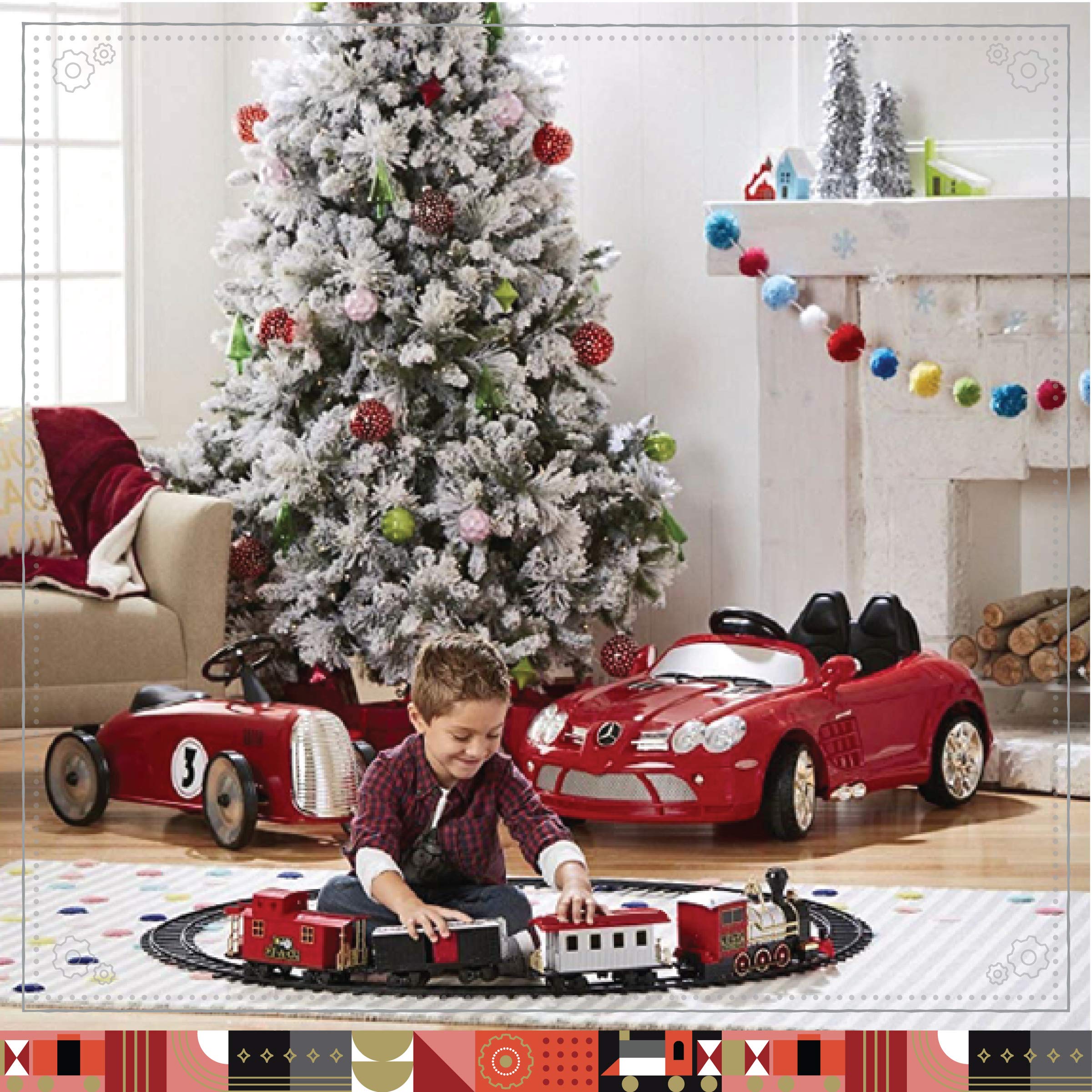 FAO Schwarz 1006832 Classic Motorized Train Set, Complete Toy Set with Engine, Cargo, 18' of Modular Tracks, Red/Black, Pack of 30