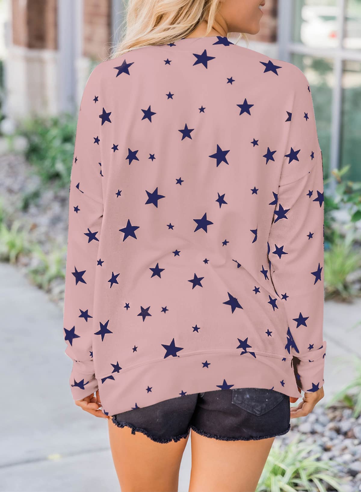 AZOKOE Women Long Sleve Star Printed Oversized Pullover Sweatshirt Casual Round Neck Blouse Top Pink 2XL