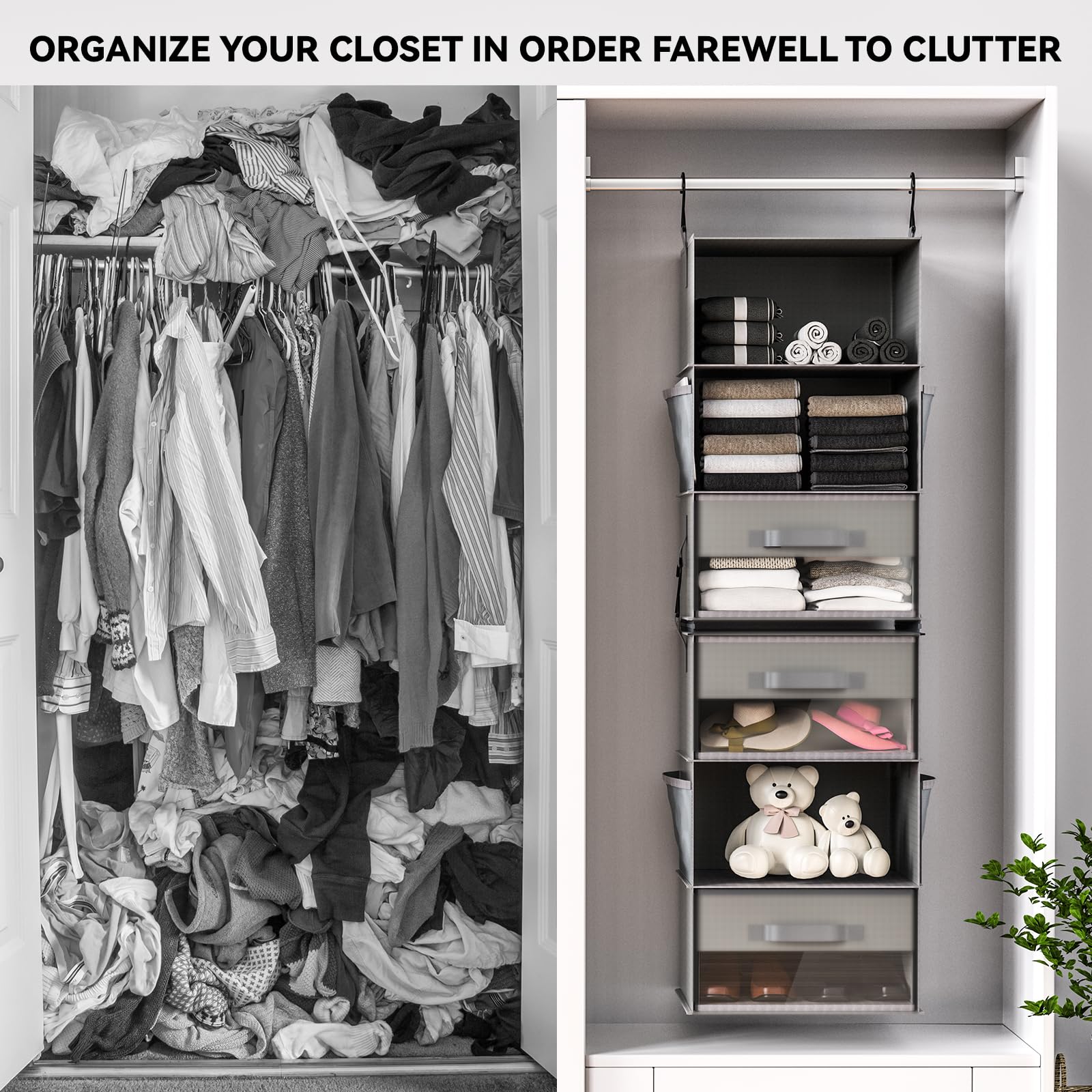 CHILIGO 6-Shelf Hanging Closet Organizer and Storage, Foldable Closet Hanging Organizer, Two 3-Shelf Separable Closet Hanging Shelves with 3 Transparent Drawers 4 Side Pockets