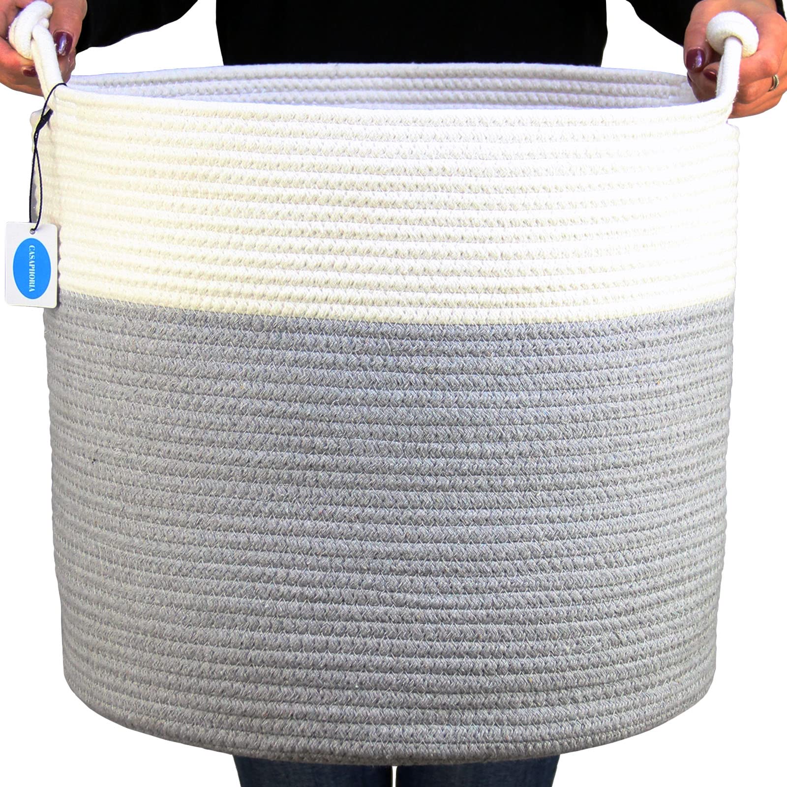 Casaphoria Woven Cotton Rope Basket with Handle for Bedroom,Round Storage Basket for Bathroom,Large Blanket Basket for Living Room,Tall Laundry Hamper Woven for Laundry,Light Gray