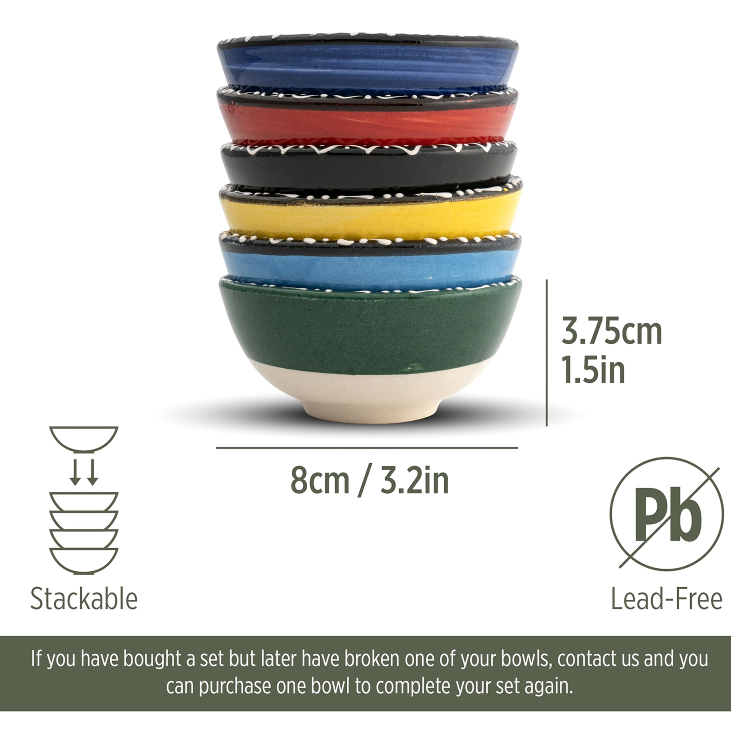 Bascuda® Small Ceramic Bowls Set of 6 with Gift Box - Snack Bowls for Tapas, Dessert, Nuts, Olive, Soy Sauce Dish, Dip - Colourful Decorative Moroccan Spanish Mexican - Decorative Bowl - 3.14 Inches