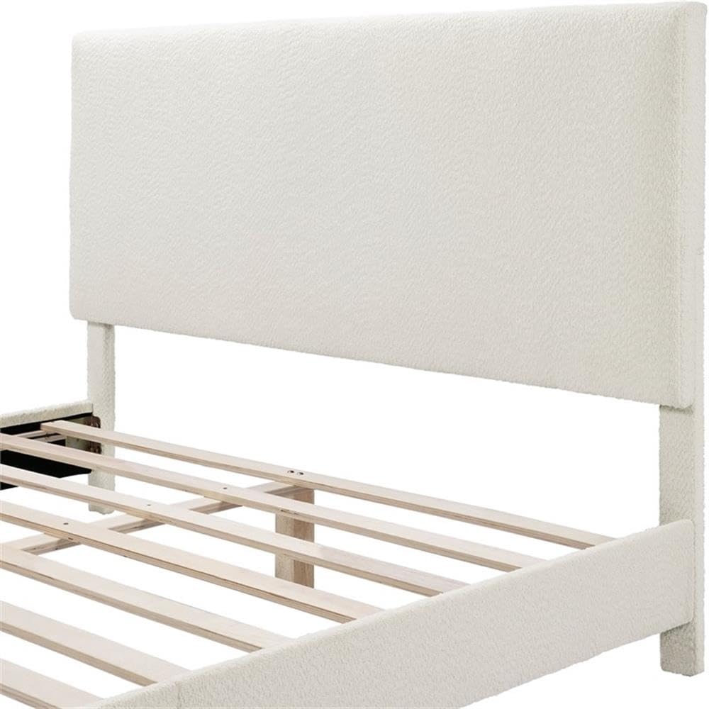 BOWERY HILL Modern Boucle Fabric Mattress Ready Queen Bed in White