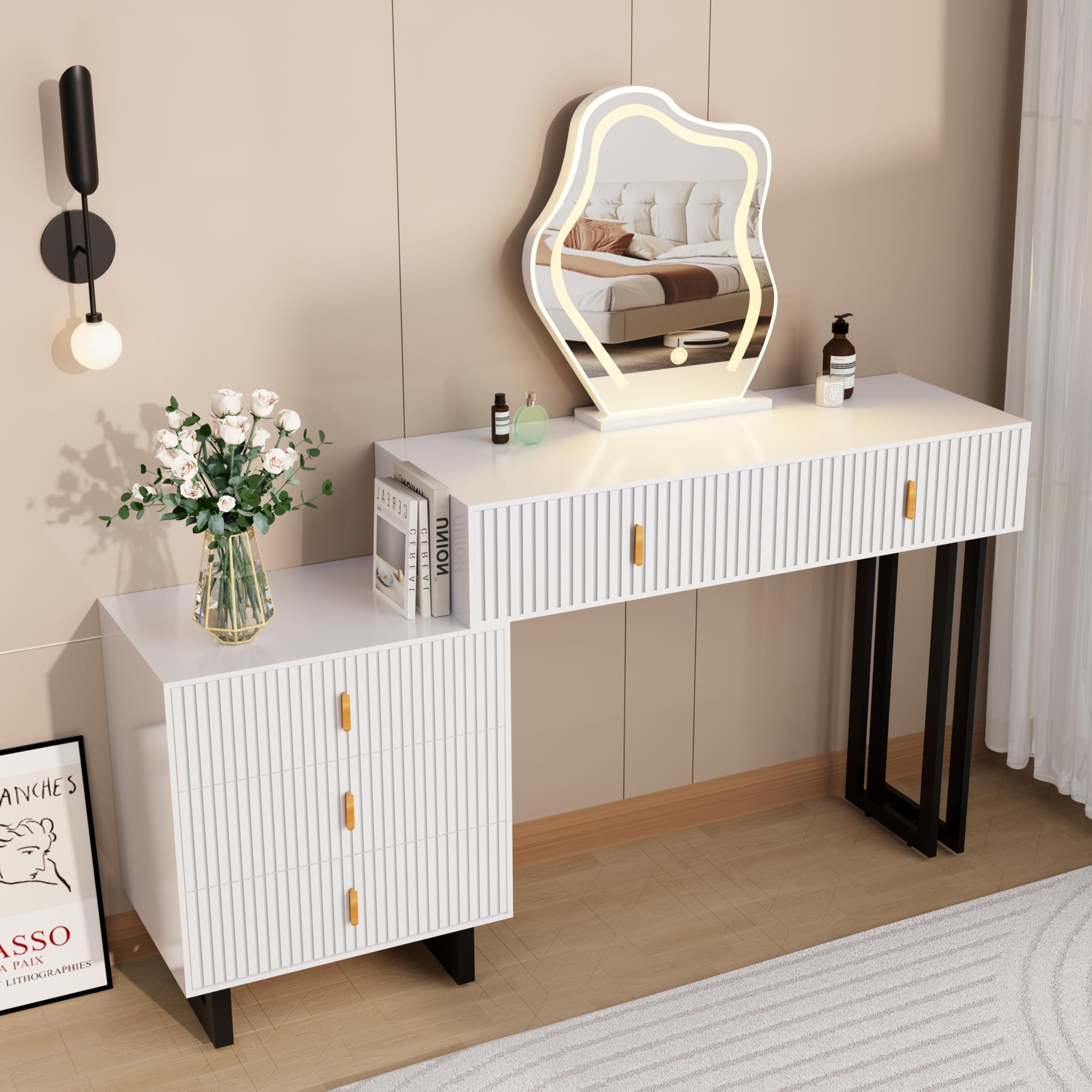 Chilihom Vanity Desk with Mirror and Lights, Dressing Table Vanity Set with 5 Drawers, Makeup Vanity Table with 3 Lighting Modes, Retractable Makeup Desk Vanity with Storage, Cloud Mirror White