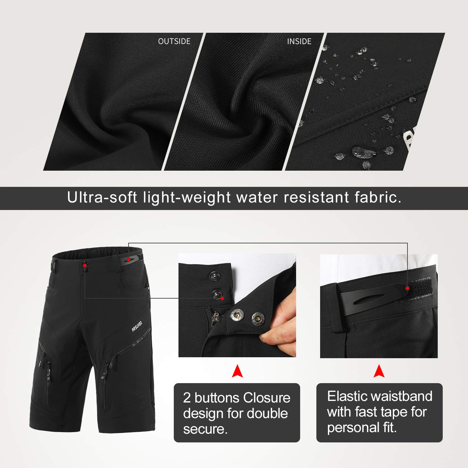 ARSUXEO Men's Loose Fit Cycling Shorts Mountain Bike Shorts Water Ressistant 1903 Black Size Medium