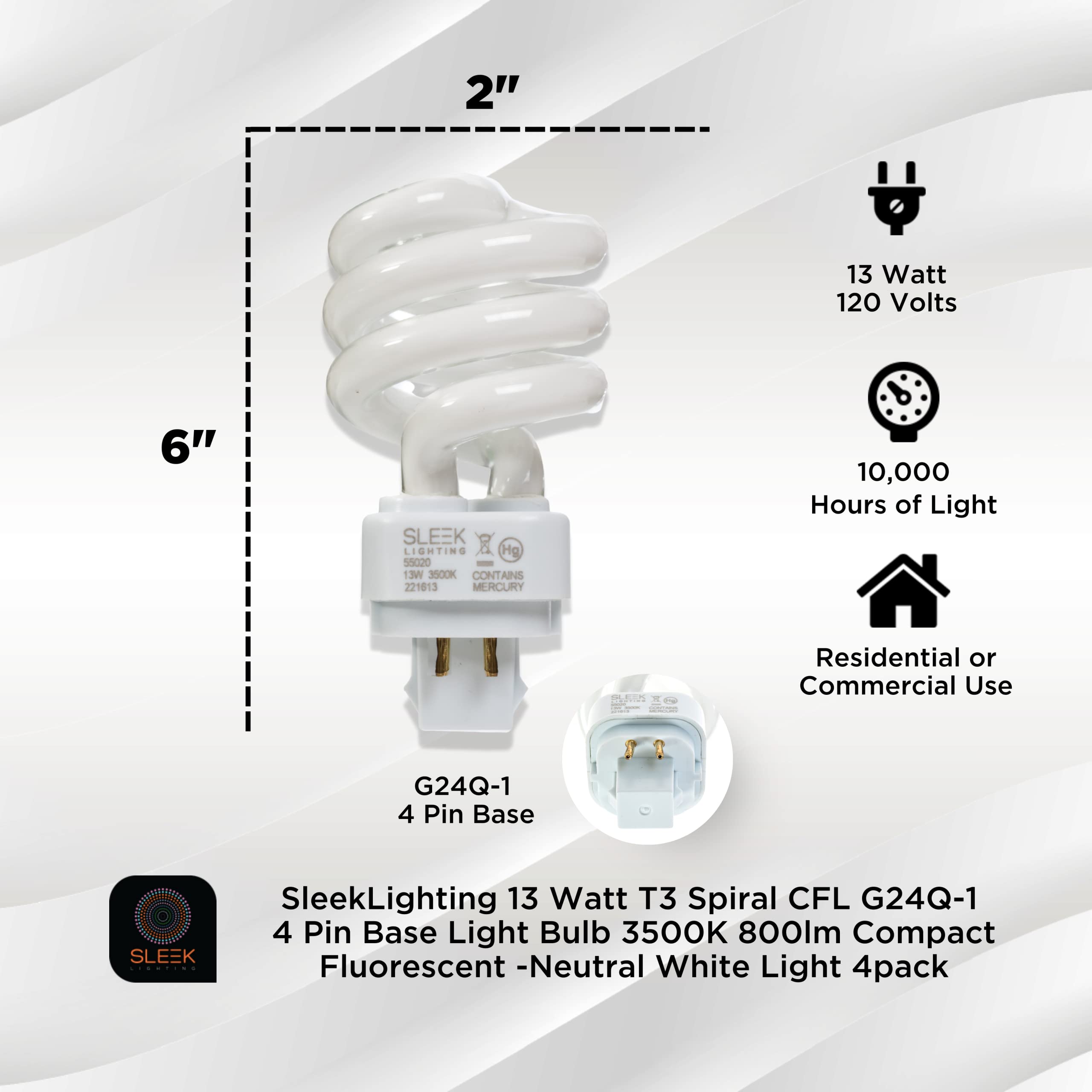 SLEEKLIGHTING 13 Watt T3 Spiral CFL 4 Pin G24Q-1 Base Light Bulb 3500K 800lm - Compact Fluorescent -Neutral White Light 4pack