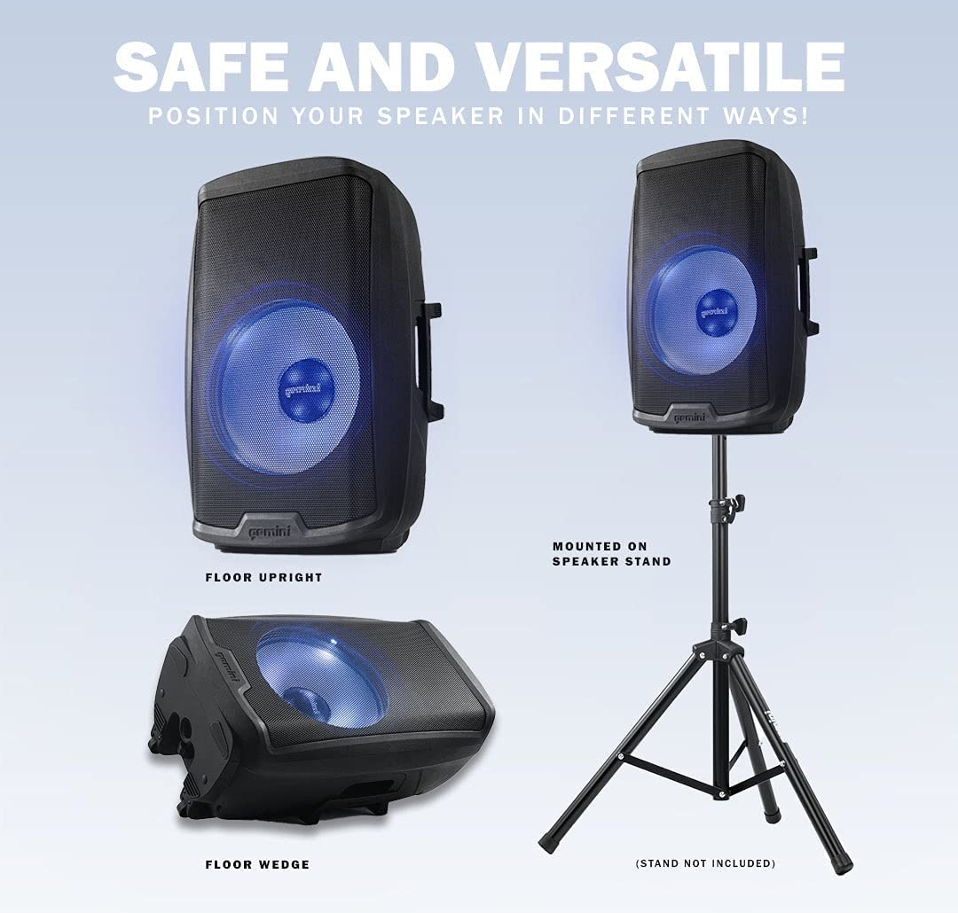Gemini Sound AS-2115BT-LT Active 2000W Watt Party LED Light 15 Inch Woofer Powered Stage DJ Monitor Bluetooth PA Speaker, Wireless Stereo Pairing, Portable Fly Points