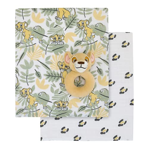Disney Lion King Simba Yellow, Green, and White 2Pk 100% Cotton 44" x 44" Muslin Swaddles with Plush Rattle