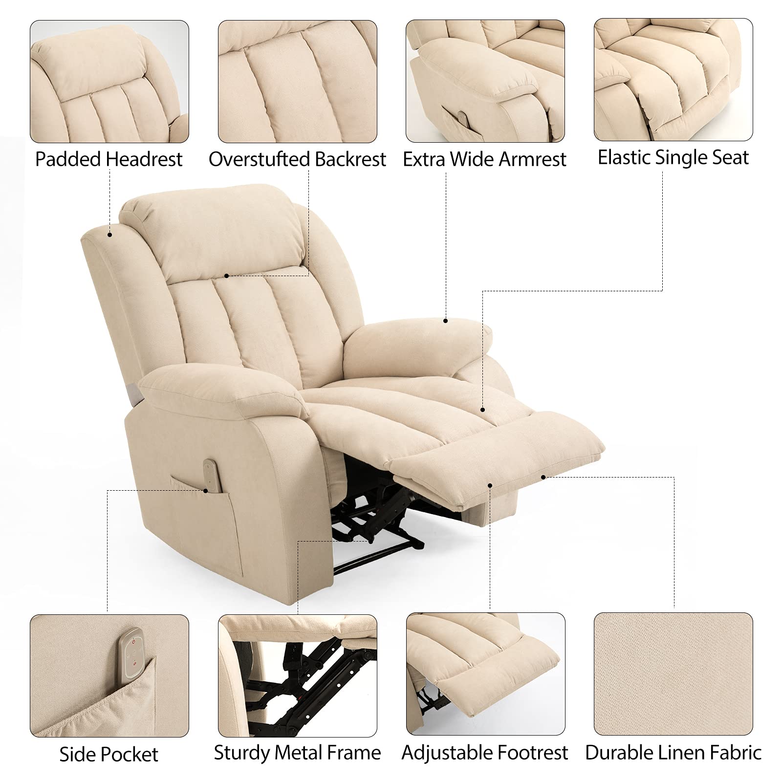HOMHUM Massage Recliner Chair Fabric Heated Ergonomic Lounge Chair for Living Room Overstuffed Reclining Chair Single Sofa, Remote Control, Beige