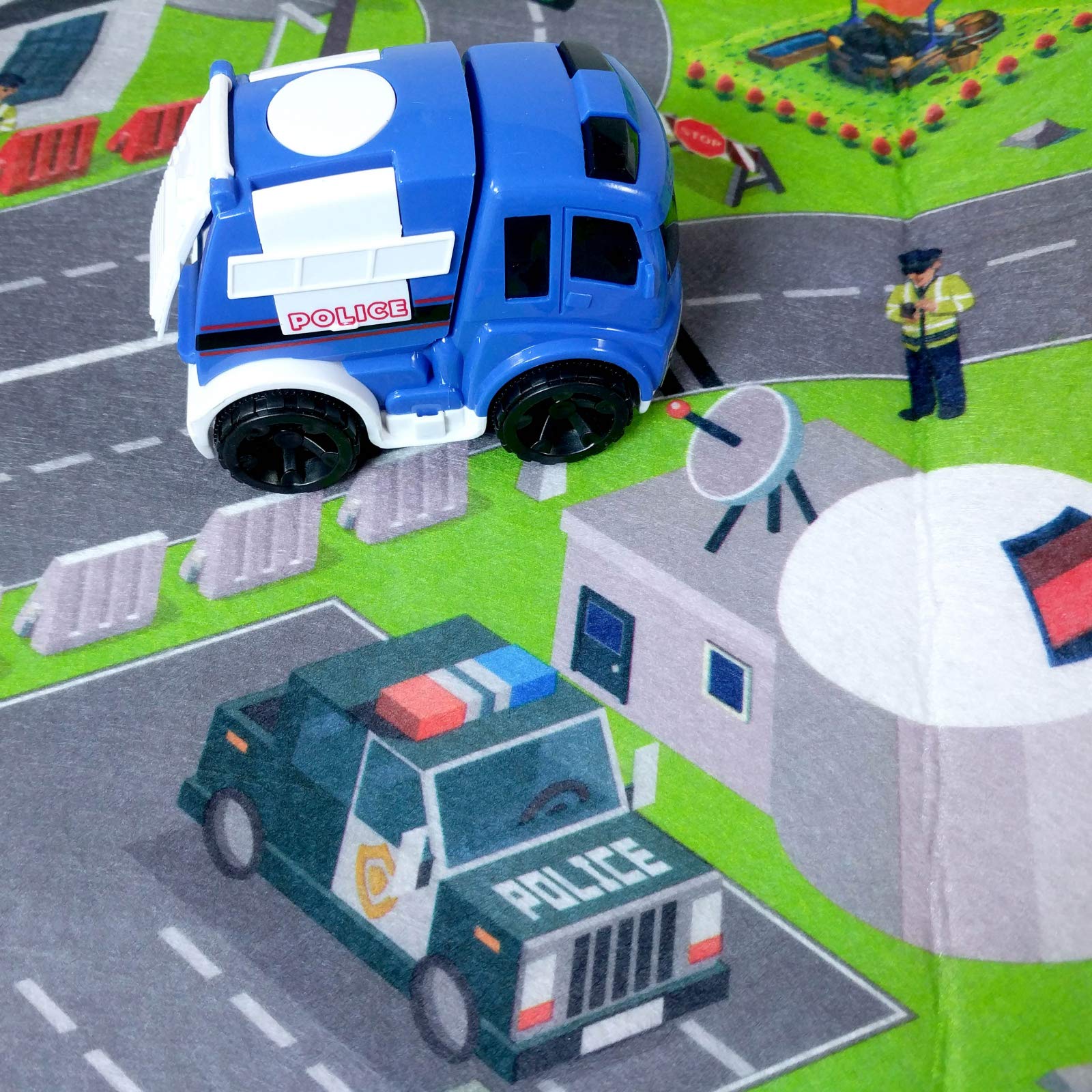 Kidplokio 8pc City Transport Playmat Set Friction Power Police Cars Boys 3 and Up